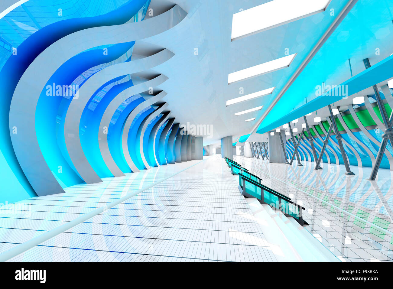 Indoor view of futuristic hall, 3D Rendering Stock Photo - Alamy