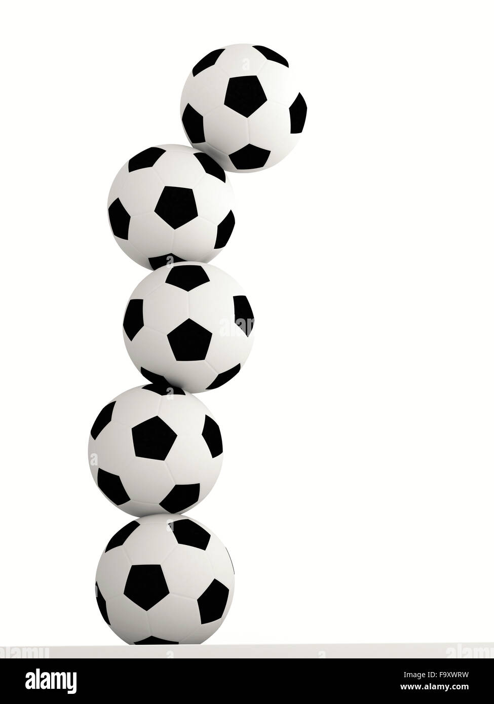 Stack of five soccer balls in front of white background, 3D Rendering ...