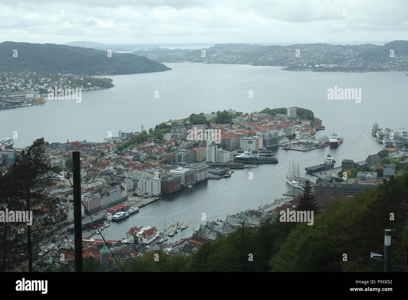 A view of Bergen harbour from Mount Floyen in Bergen, Norway Stock ...