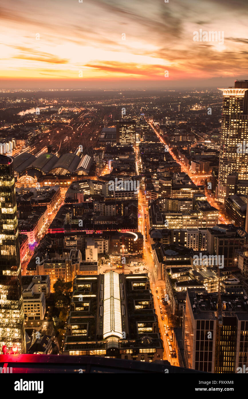 Germany, Frankfurt, elevated view to the city with central station at evening twilight Stock ...