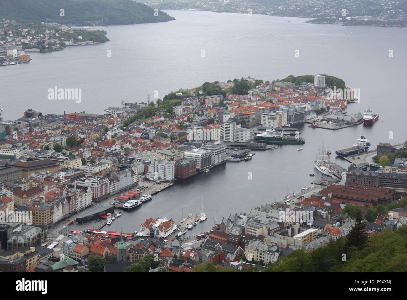A view of Bergen harbour from Mount Floyen in Bergen, Norway Stock ...