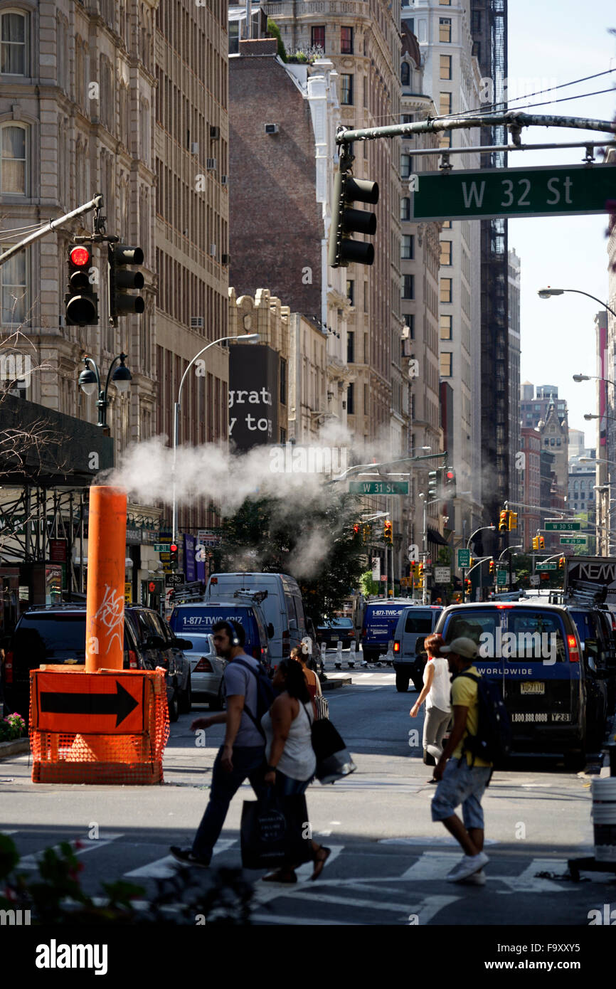 A steam tube on the street on midtown Manhattan, New York city, USA ...