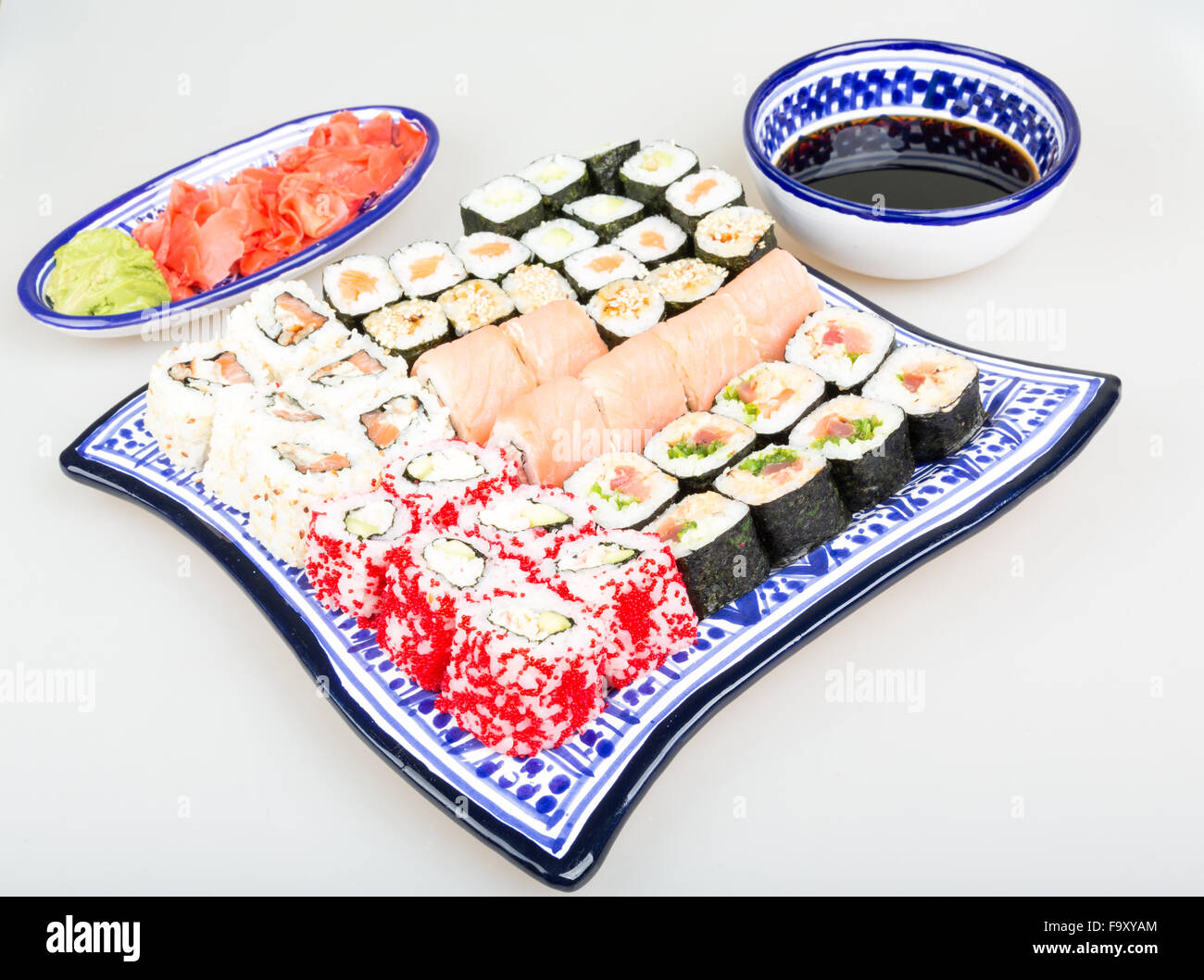 Sushi Set - Different Types of Maki Sushi and Nigiri Sushi Stock Photo ...