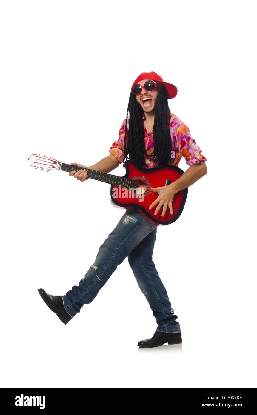 Male musician with guitar isolated on white Stock Photo - Alamy