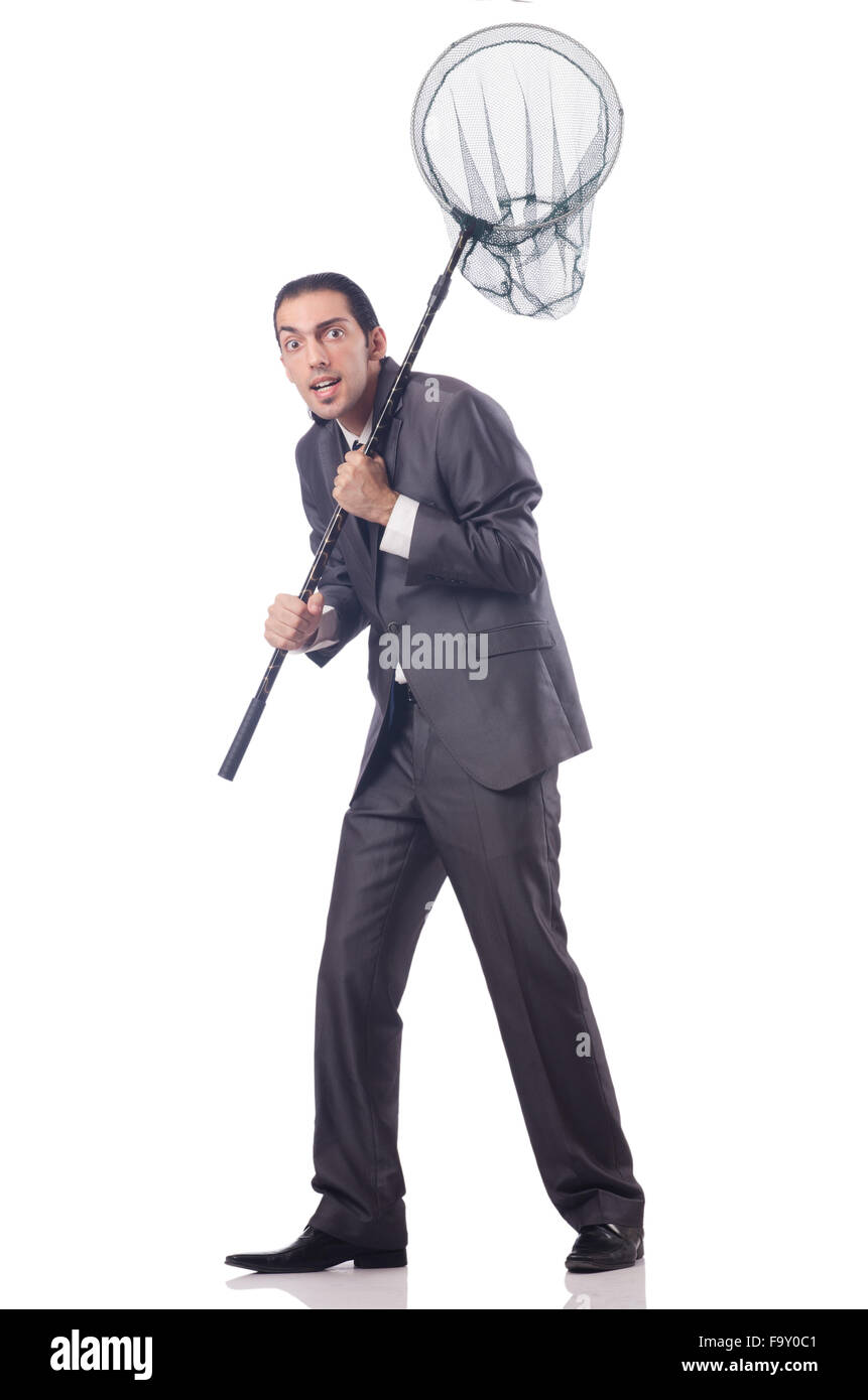 Funny businessman with catching net on white Stock Photo - Alamy