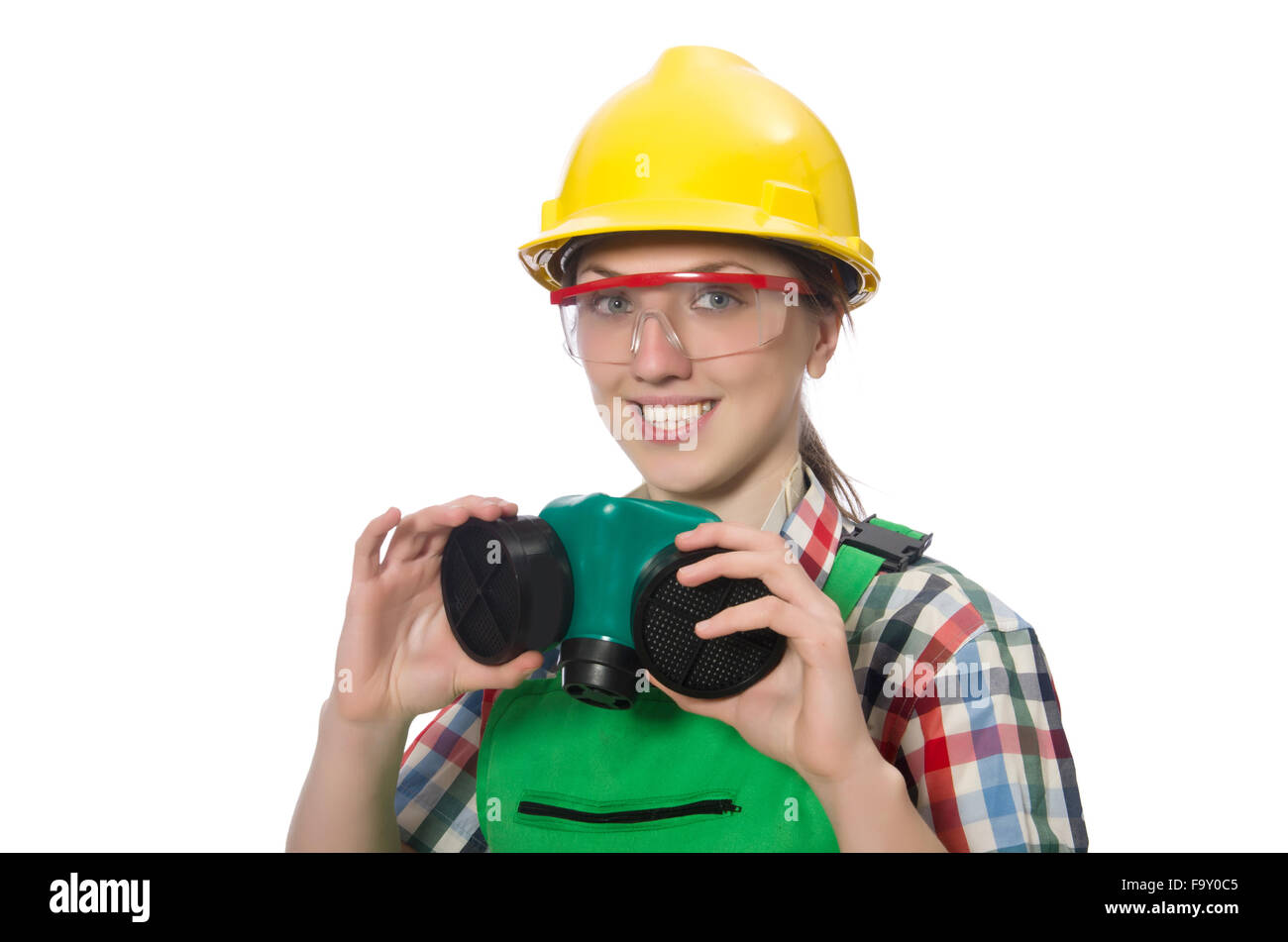 Female worker wearing coverall and gas mask isolated on white Stock ...