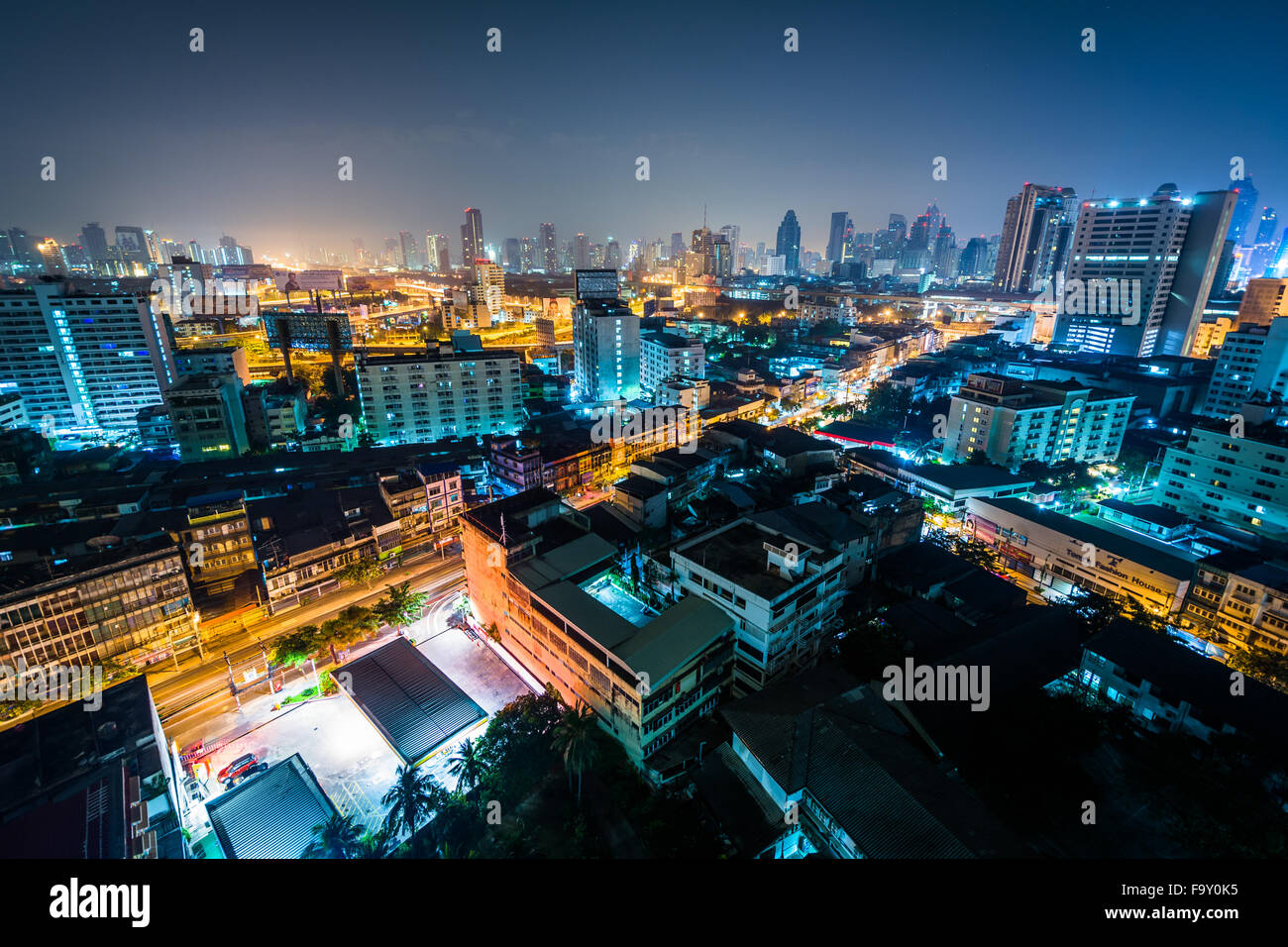 View of the Ratchathewi District at night, in Bangkok, Thailand Stock ...