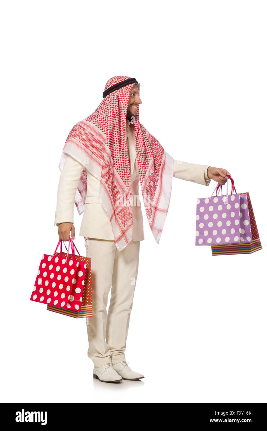 Arab man with shopping bags on white Stock Photo - Alamy