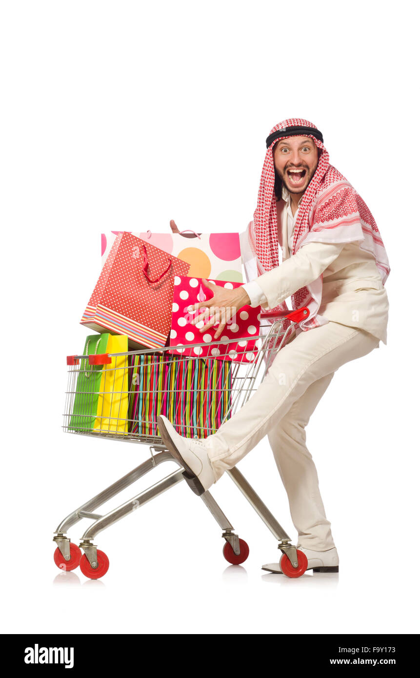 Arab man doing shopping isolated on white Stock Photo - Alamy