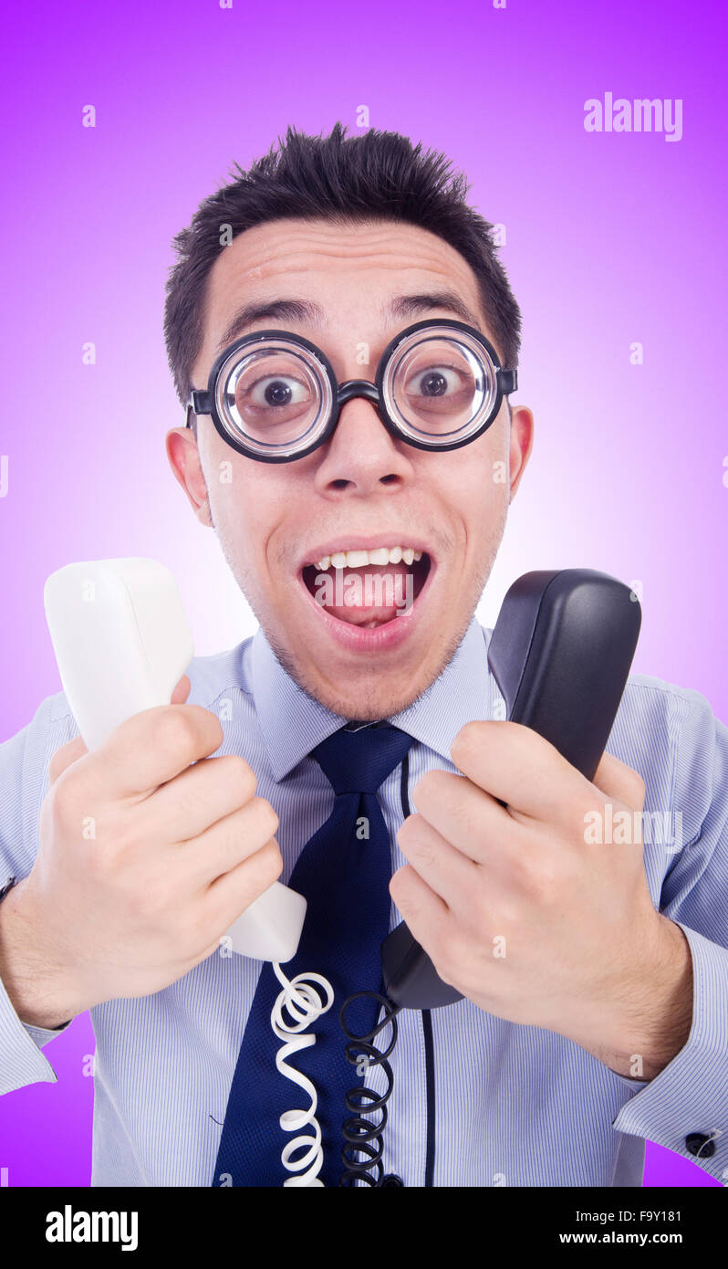 Crazy man with phone on white Stock Photo - Alamy