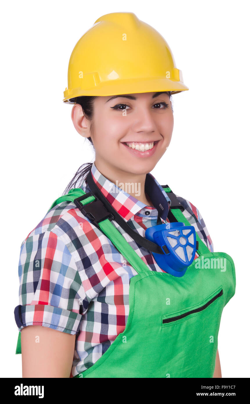 Female worker wearing helmet isolated on white Stock Photo - Alamy