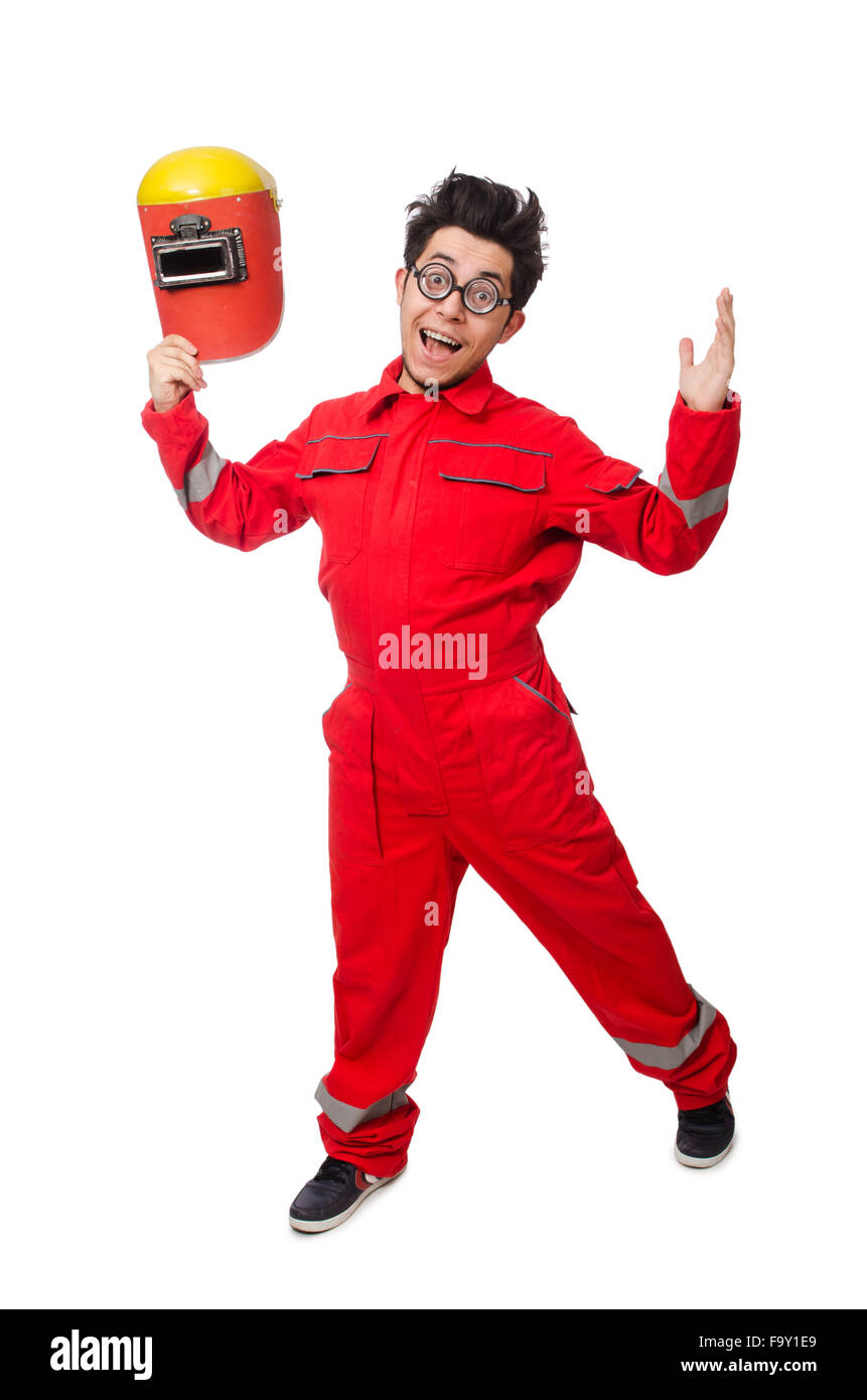 Funny welder isolated on white Stock Photo - Alamy