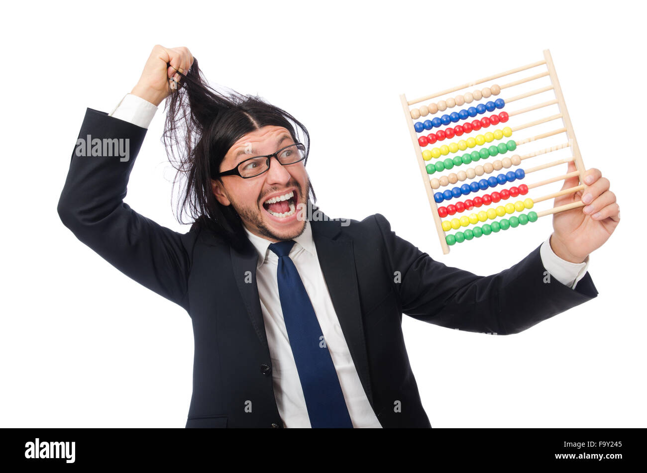 Funny man with calculator and abacus Stock Photo - Alamy