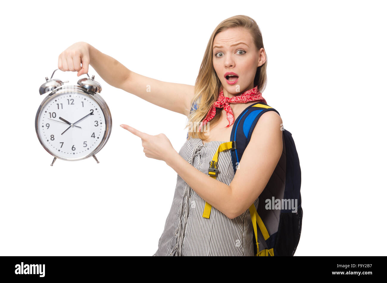 Woman student missing deadlines isolated on white Stock Photo - Alamy