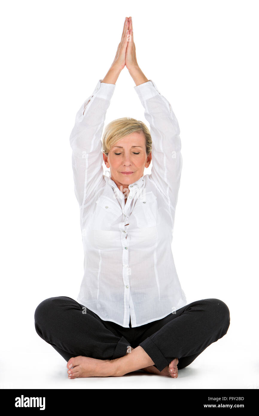 manager woman doing yoga at white background Stock Photo - Alamy