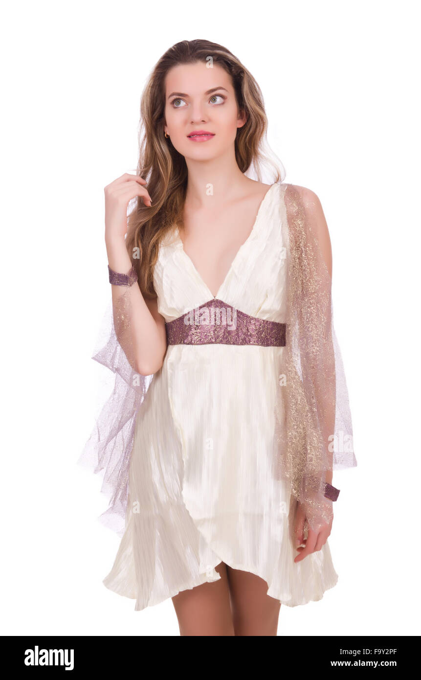 Pretty lady in light charming dress isolated on white Stock Photo - Alamy
