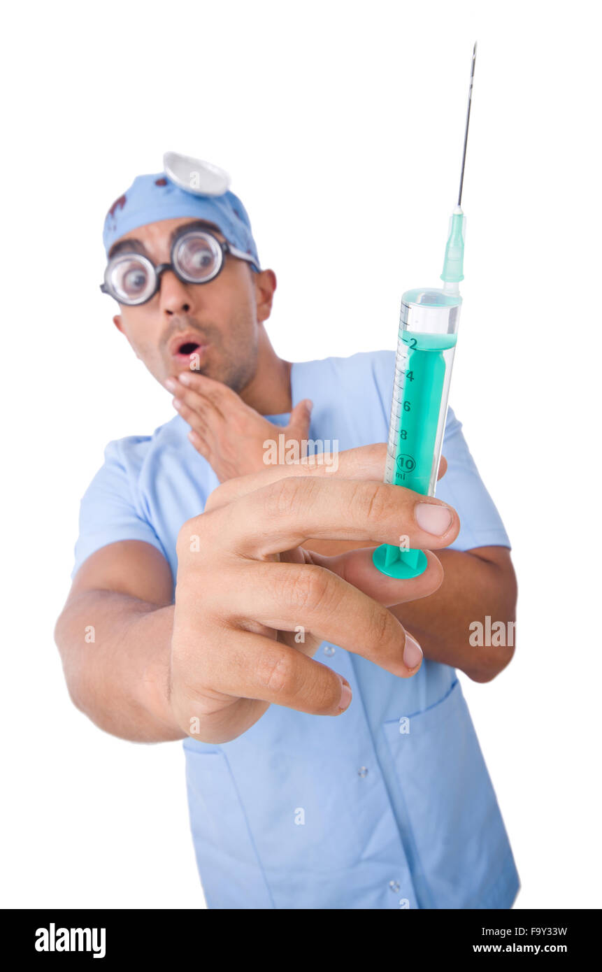 Crazy doctor with syringe isolated on white Stock Photo - Alamy