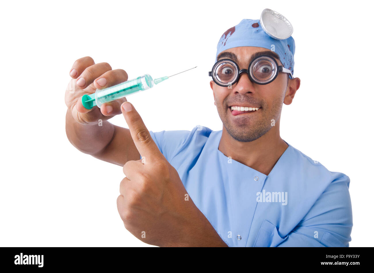 Crazy doctor with syringe isolated on white Stock Photo - Alamy