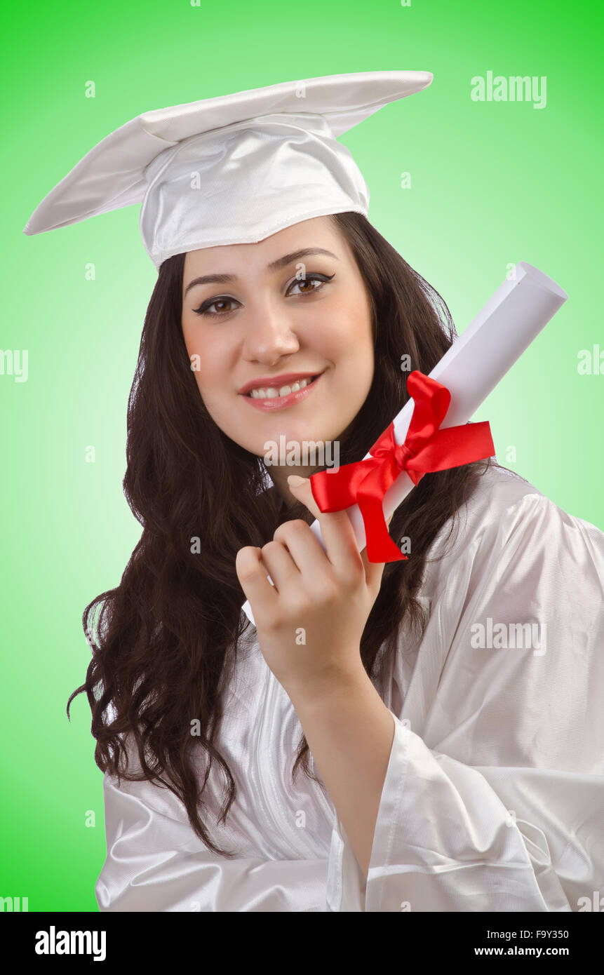 Happy graduate on white background Stock Photo - Alamy