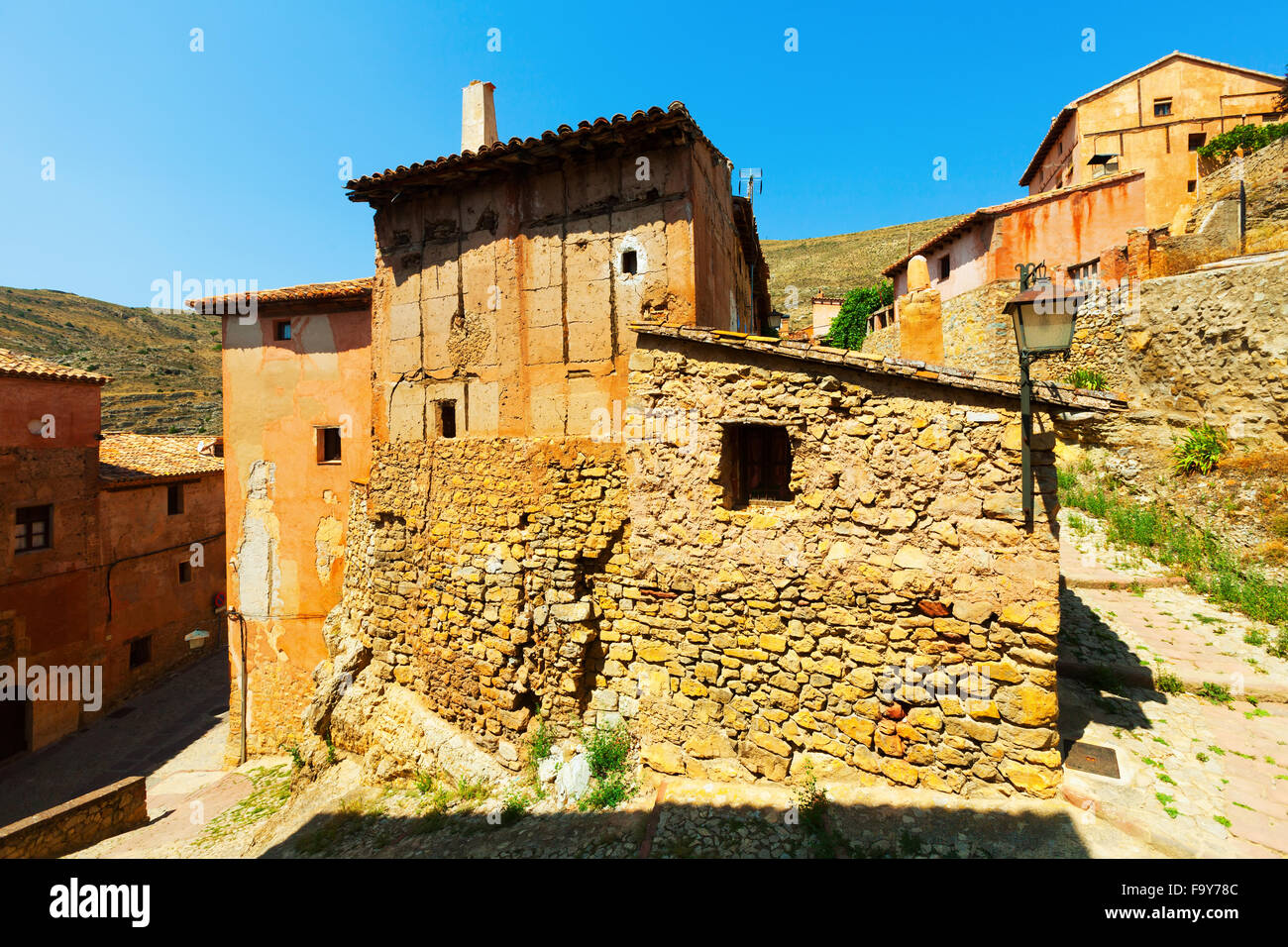 Picturesque stony houses in old spanish town. Albarracin, Aragon Stock ...