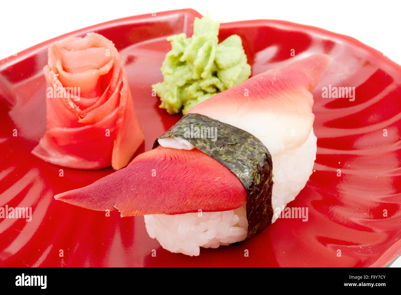 Hokkigai Mollusc sushi on white background Stock Photo - Alamy