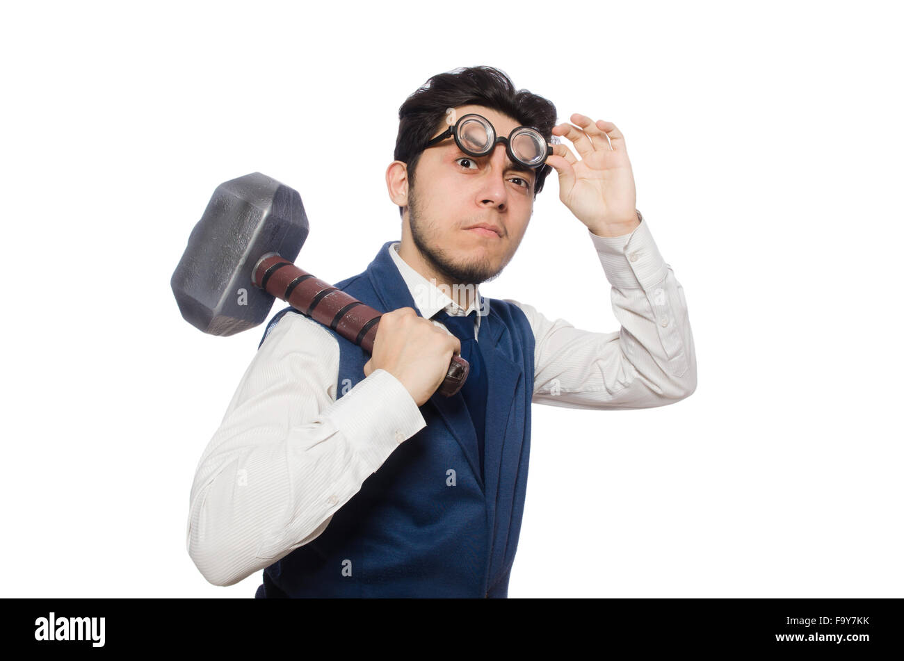 Young man holding hammer isolated on white Stock Photo - Alamy