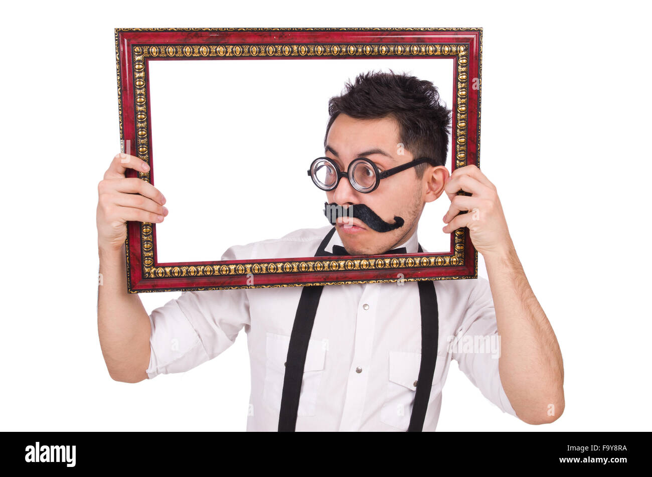 Young man with frame isolated on white Stock Photo - Alamy