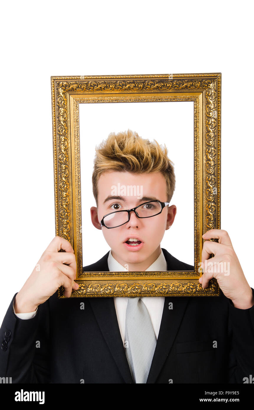 Young businessman holding picture frame isolated on white Stock Photo ...