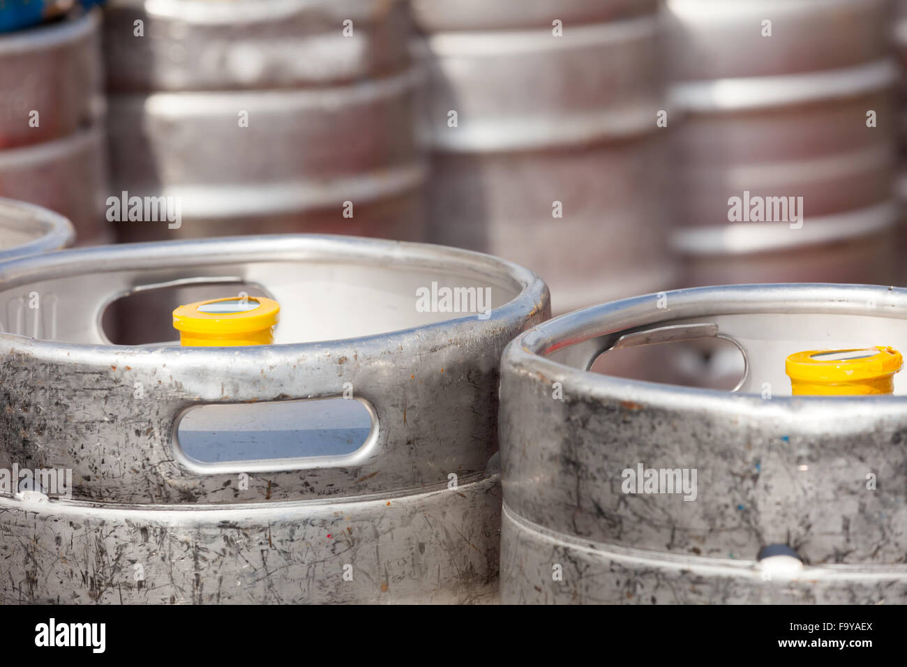 aluminum barrel beer kegs in rows outdoor Stock Photo - Alamy
