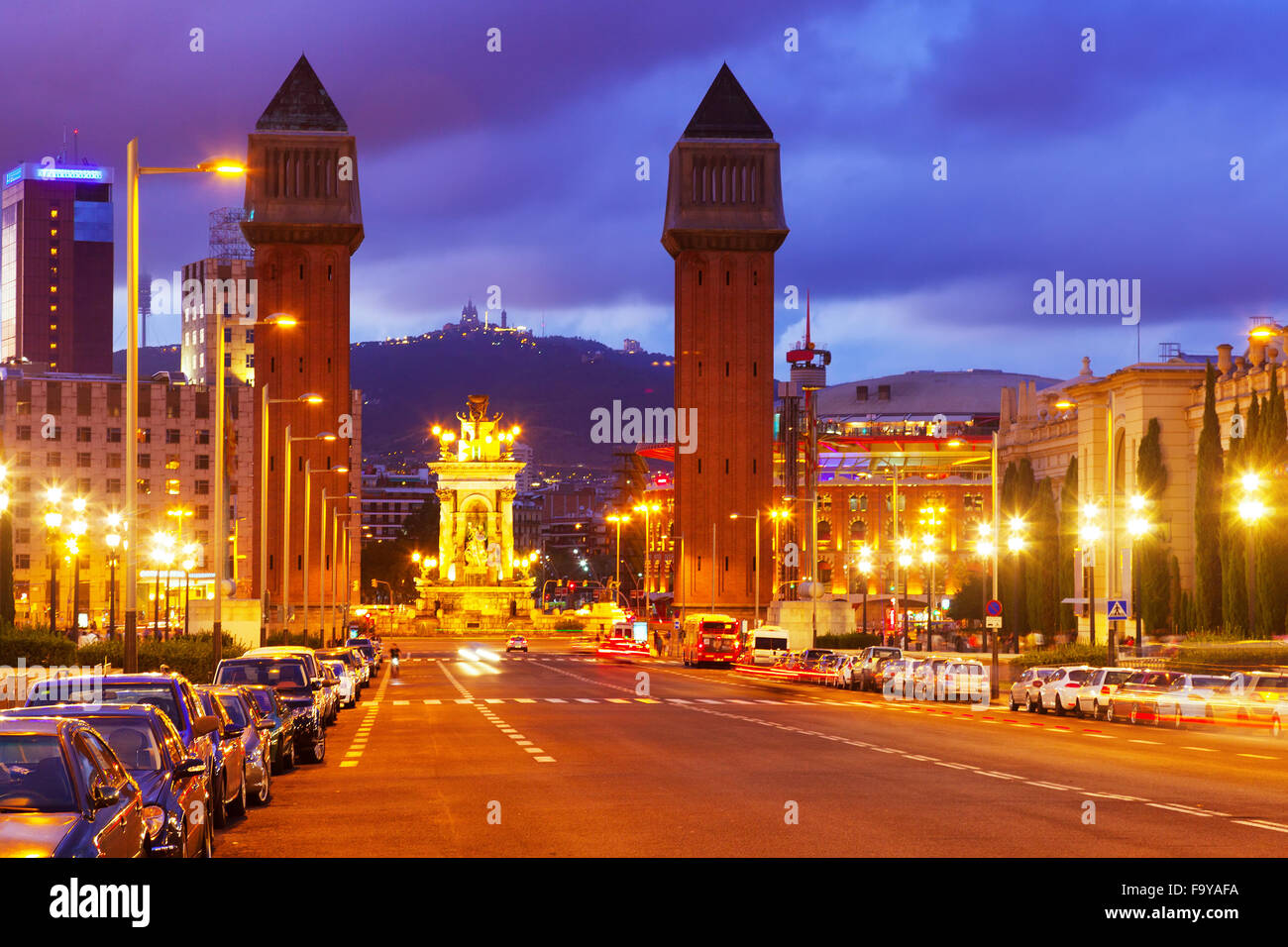 Venetian towers in night time. Barcelona, Spain Stock Photo - Alamy