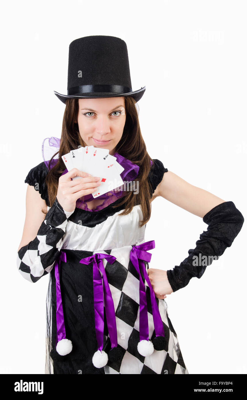 Pretty girl in jester costume with cards isolated on white Stock Photo ...