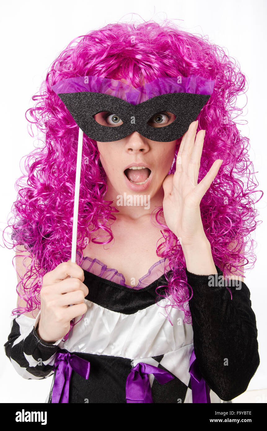Pretty girl in jester costume isolated on white Stock Photo - Alamy