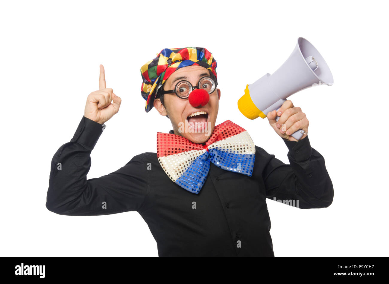 Clown with loudspeaker isolated on white Stock Photo - Alamy