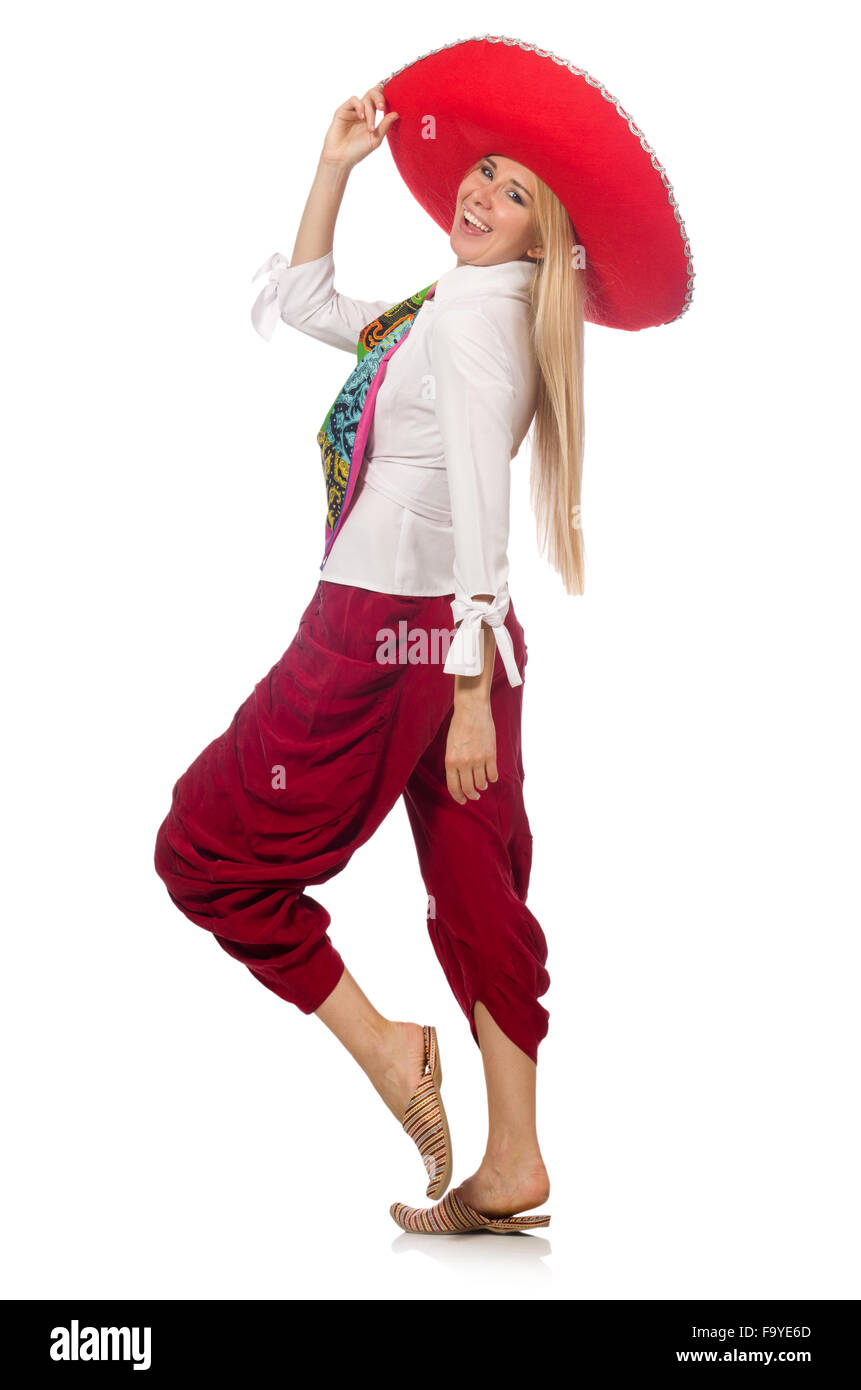 Mexican girl with sombrero dancing on white Stock Photo - Alamy