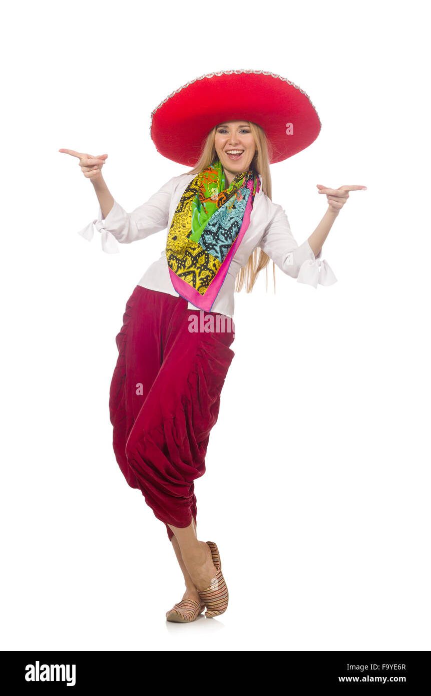 Mexican girl with sombrero dancing on white Stock Photo - Alamy