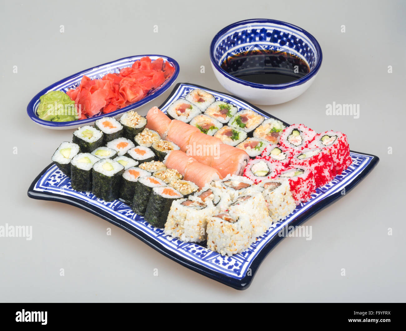 Sushi Set - Different Types of Maki Sushi and Nigiri Sushi Stock Photo ...