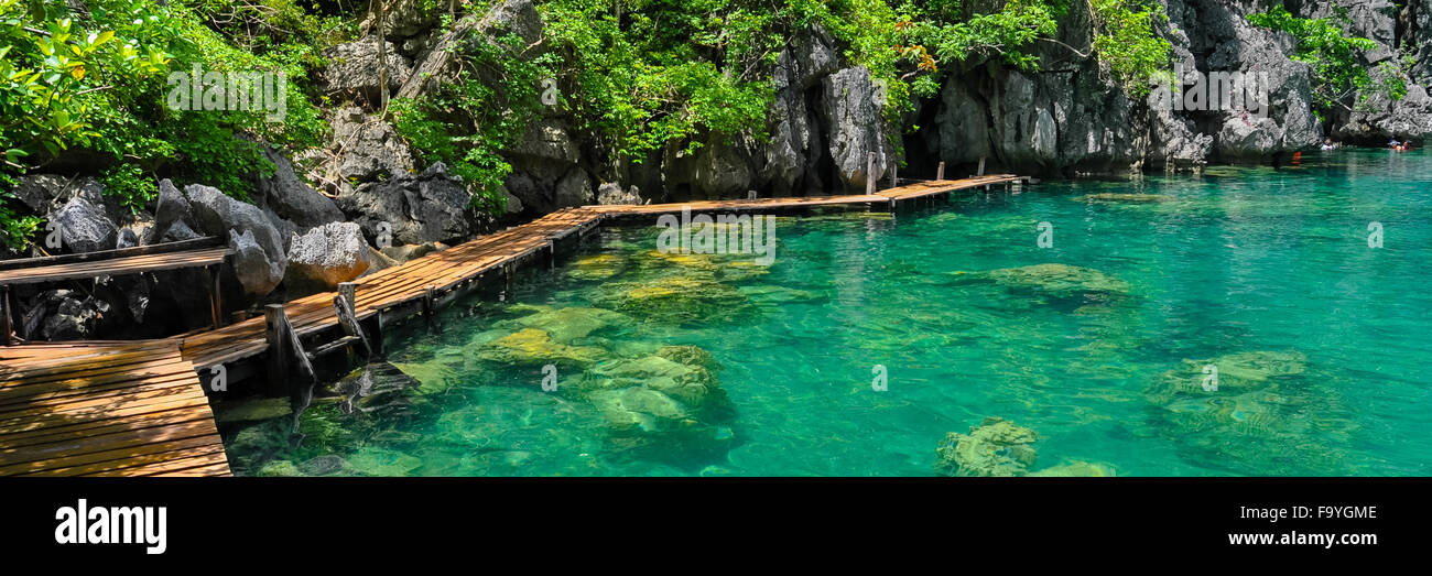 Very Clean and Clear lagoon lake Water next to a wooden path Stock ...