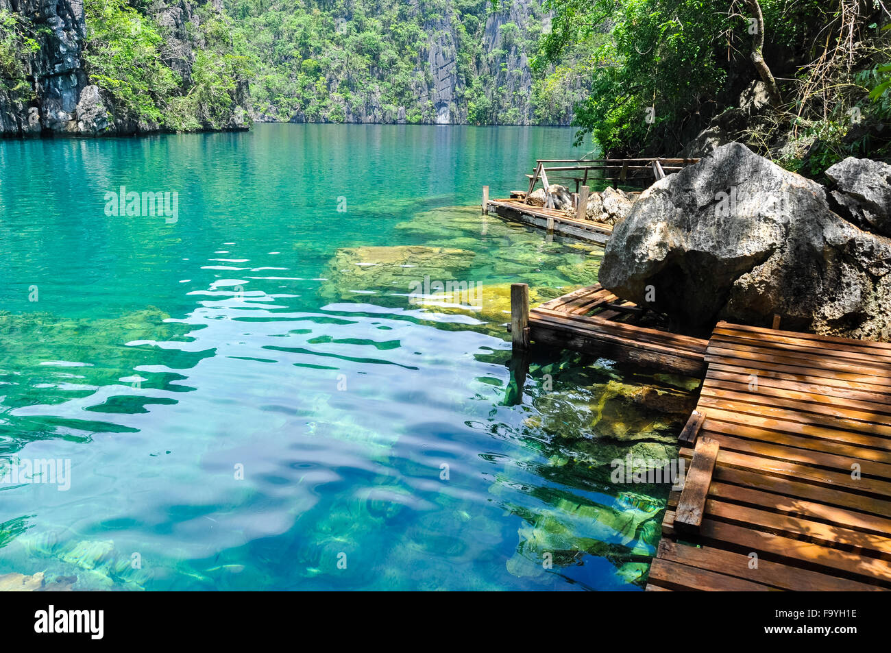 Very Clean and Clear lagoon lake Water next to a wooden path Stock ...