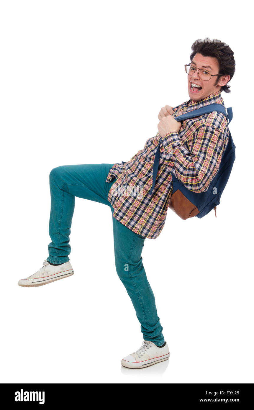 Student with backpack isolated on white Stock Photo - Alamy