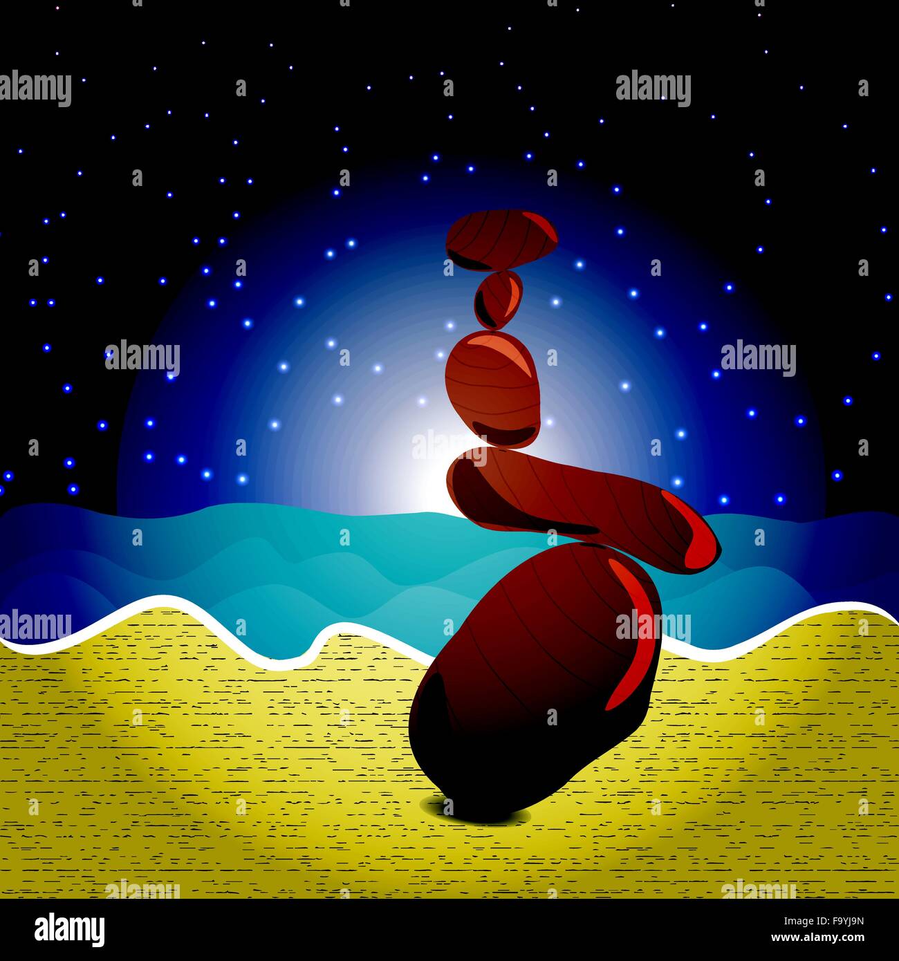 Zen rocks on the beach at midnight. Style Surrealism. Cartoon. Night ...