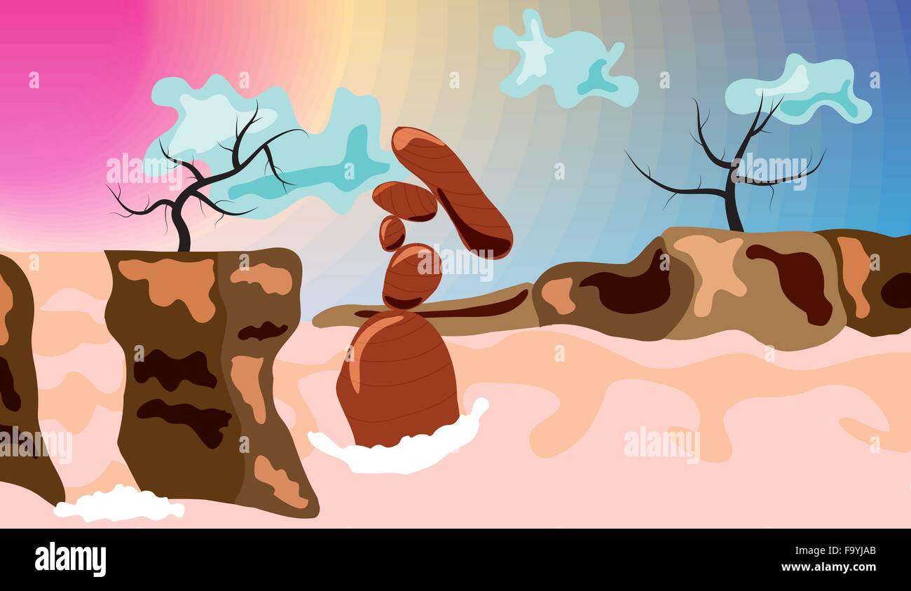 Zen stones near the waterfall. Style Surrealism. Cartoon. Meditation ...