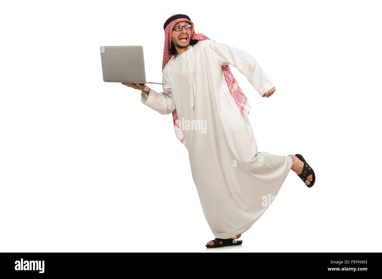 Arab man with laptop isolated on white Stock Photo - Alamy