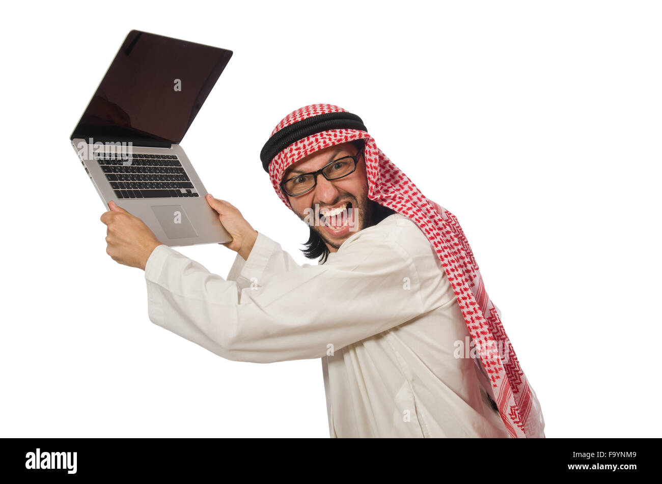 Arab man with laptop isolated on white Stock Photo - Alamy