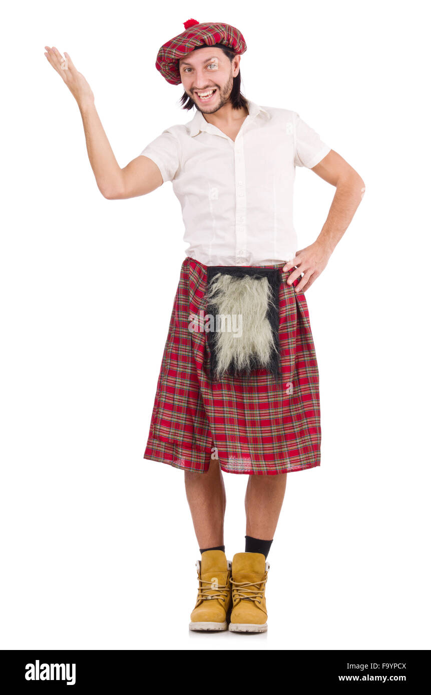 Man in scottish skirt isolated on white Stock Photo - Alamy