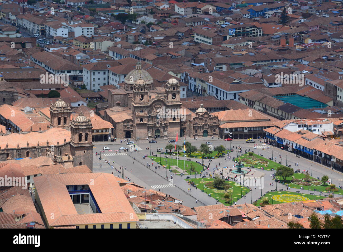 The Plaza de Armas as seen from the hills above Cusco, Peru Stock Photo ...