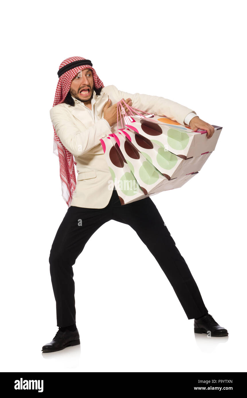 Arab man with shopping bags on white Stock Photo - Alamy
