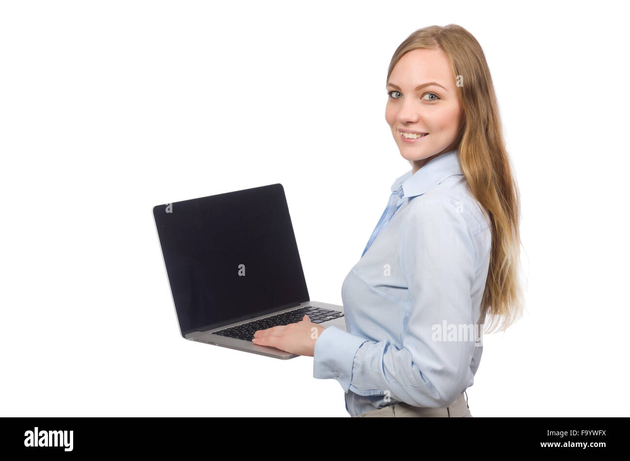 Office employee holding laptop isolated on white Stock Photo - Alamy
