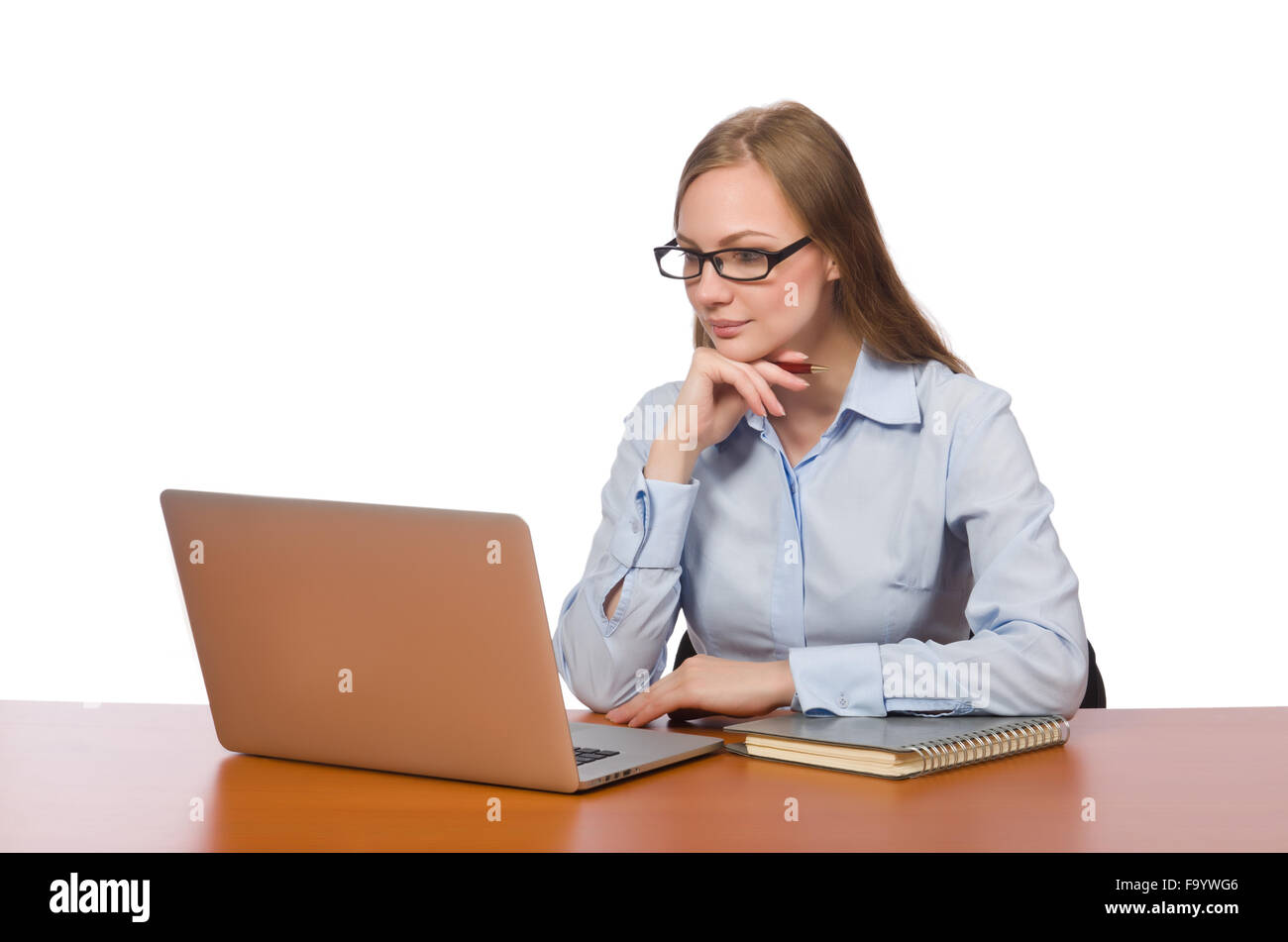 Office employee holding laptop isolated on white Stock Photo - Alamy