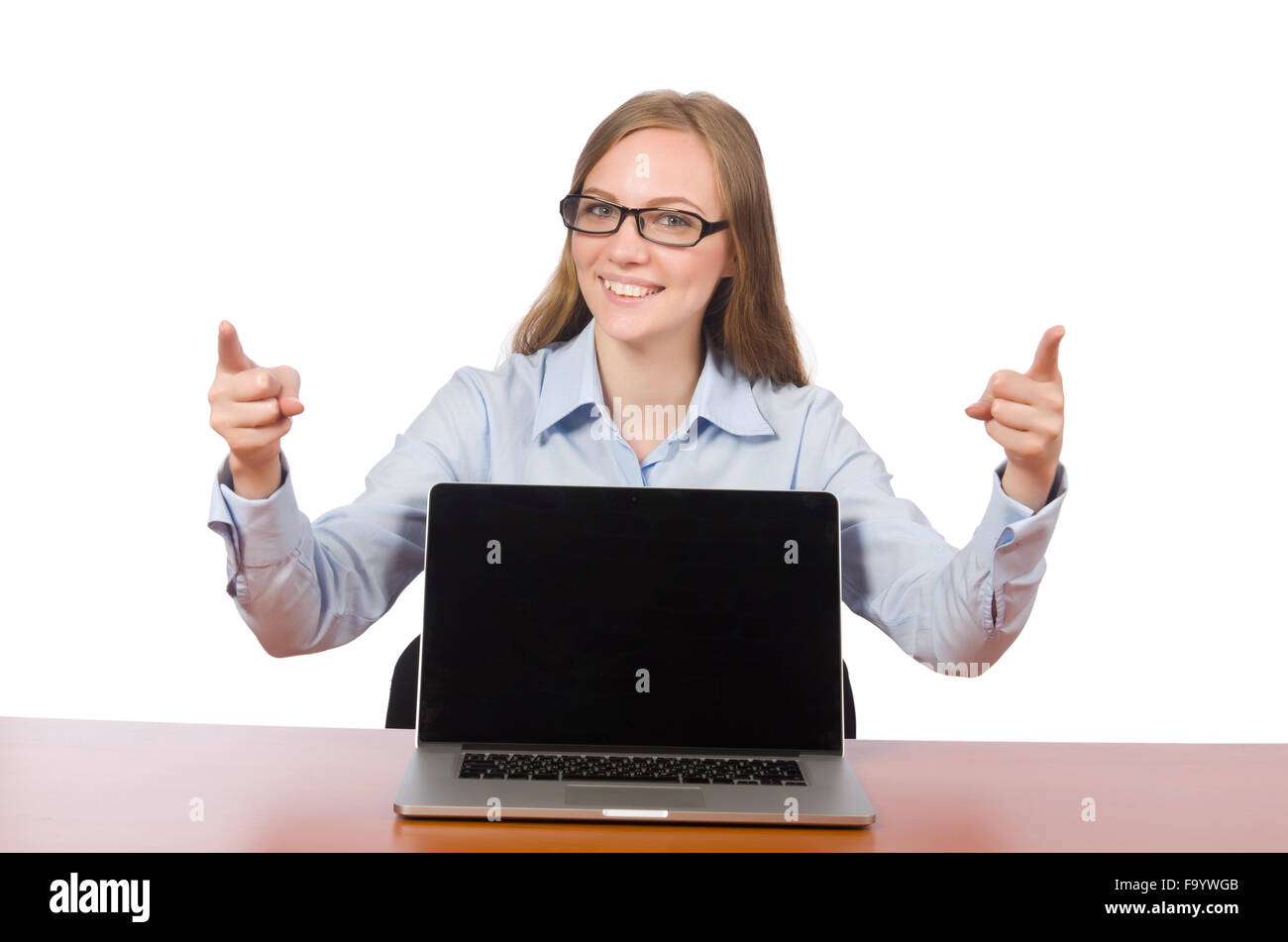Office employee at work table isolated on white Stock Photo - Alamy