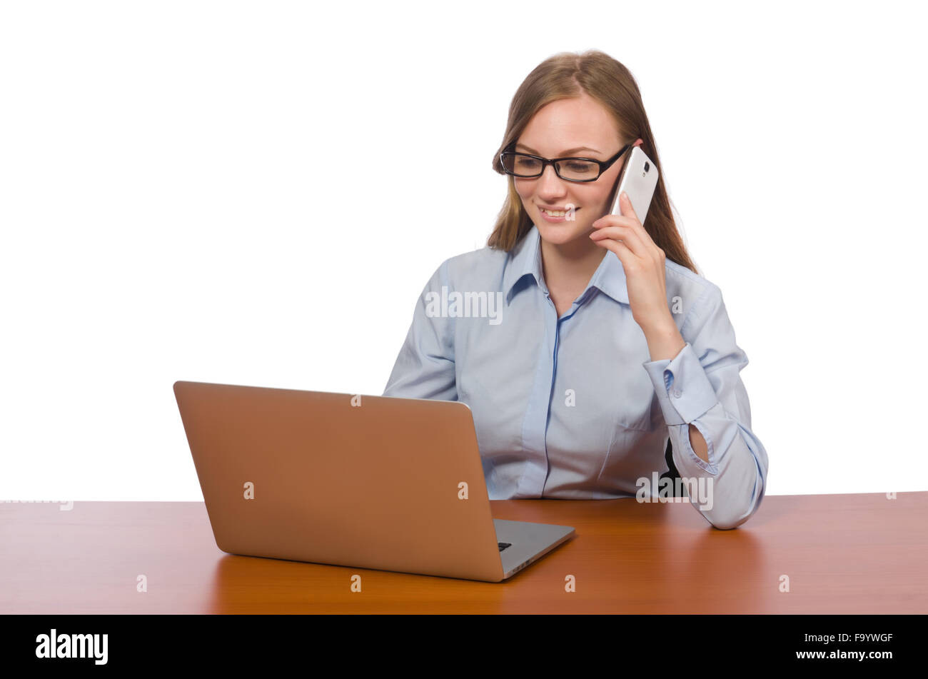 Office employee with laptop and phone isolated on white Stock Photo - Alamy